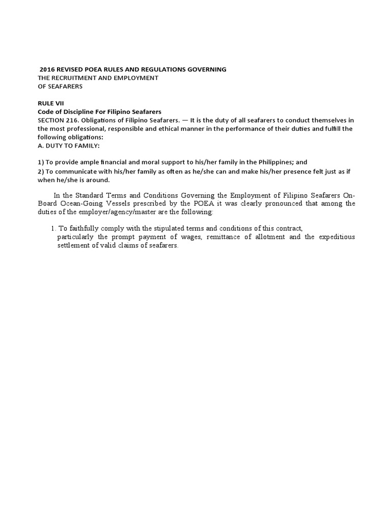 2016 REVISED POEA RULES AND REGULATIONS GOVERNING | PDF