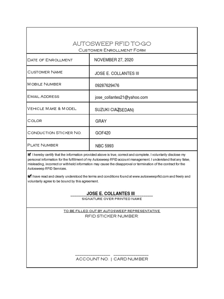 New Autosweep RFID Account Registration for Jose E. Collantes III and ...