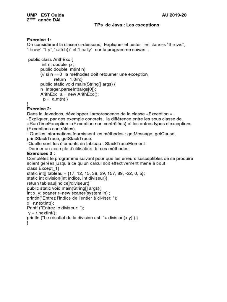 TP Java : Gestion des Exceptions et Structures de Données | PDF ...