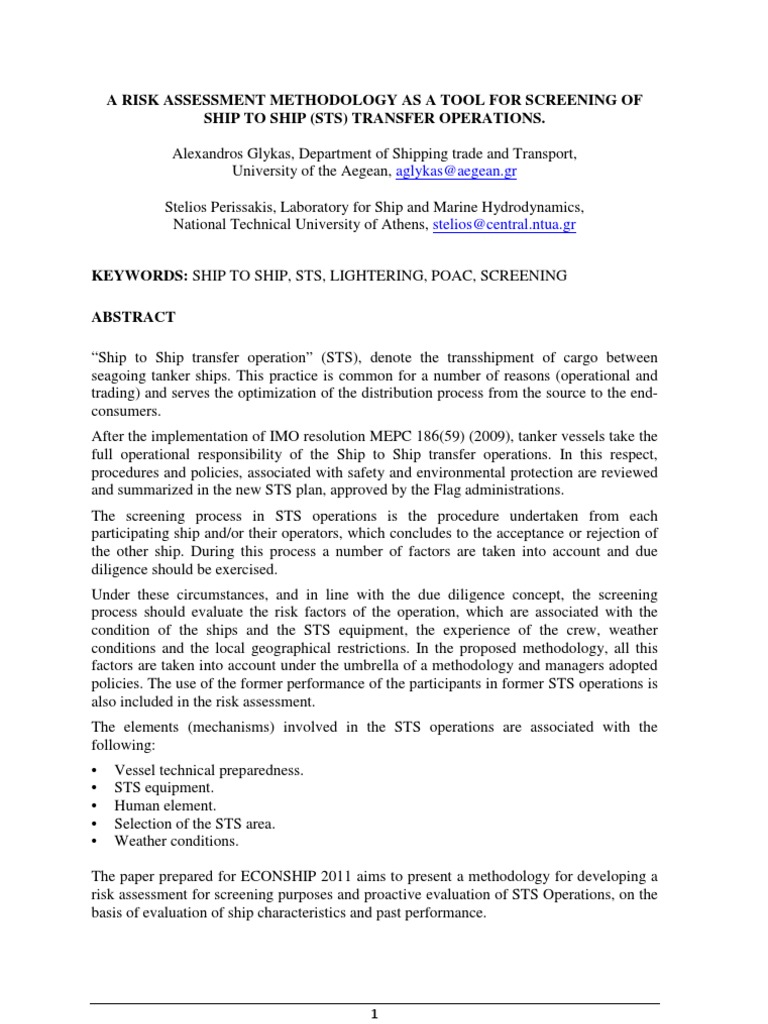 A Risk Assessment Methodology As A Tool For Screening of Ship To Ship ...