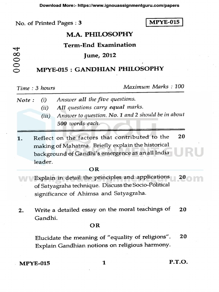 MPYE 015 Previous Year Question Papers by Ignouassignmentguru | PDF | Mahatma Gandhi | God