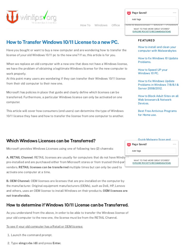 How To Transfer Windows 10 - 11 License To A New PC | PDF | Original ...