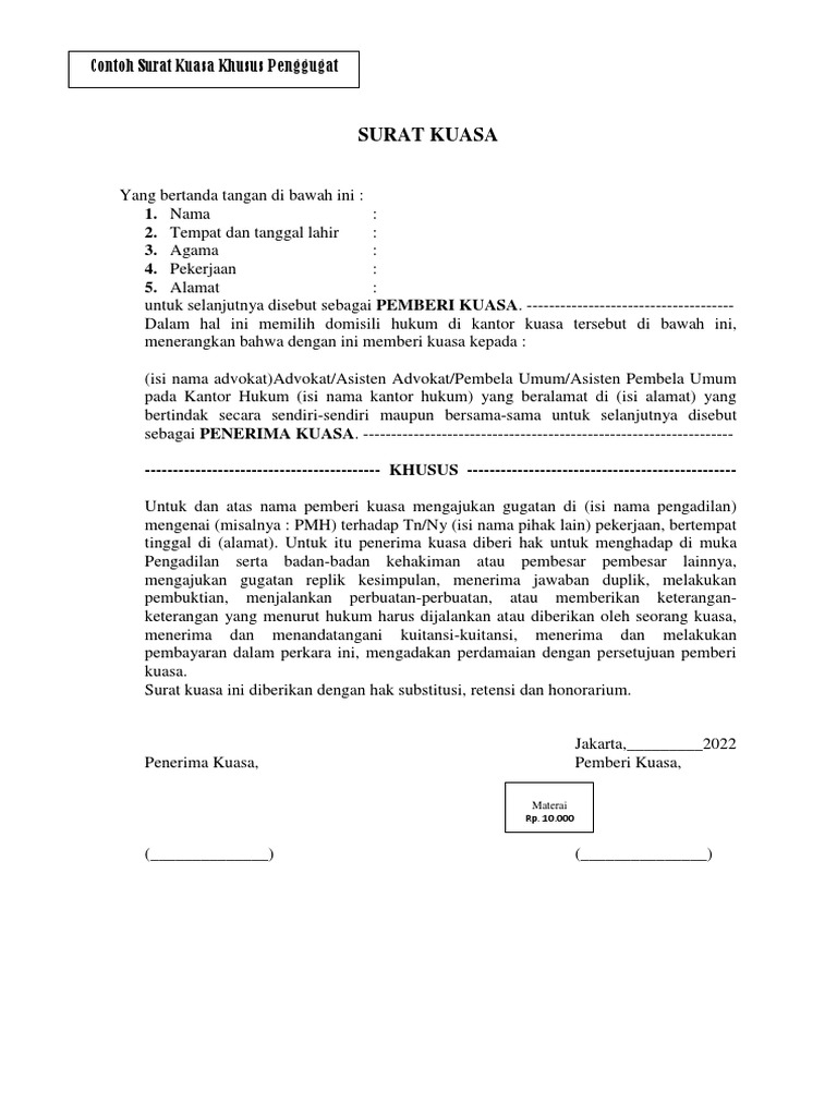 Contoh Surat Kuasa Penggugat | PDF