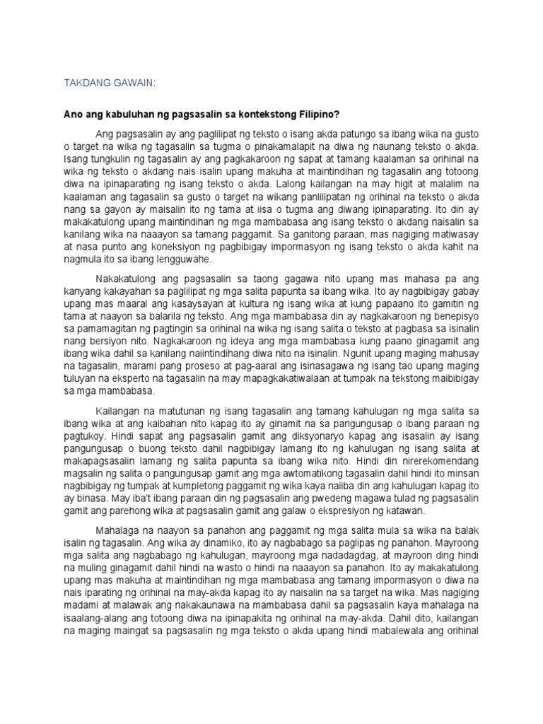 Ano Ang Kabuluhan NG Pagsasalin Sa Kontekstong Filipino?: Takdang ...