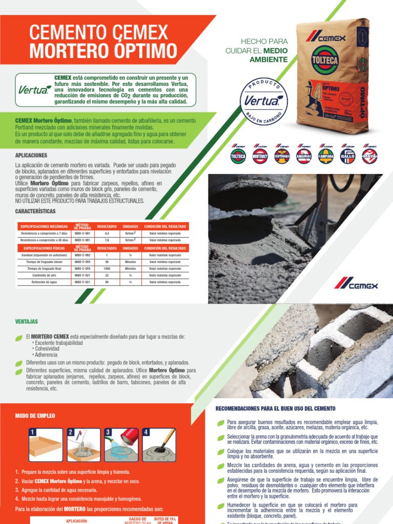 Mortero Óptimo CEMEX: Usos y Ventajas | PDF | Cemento | Hormigón