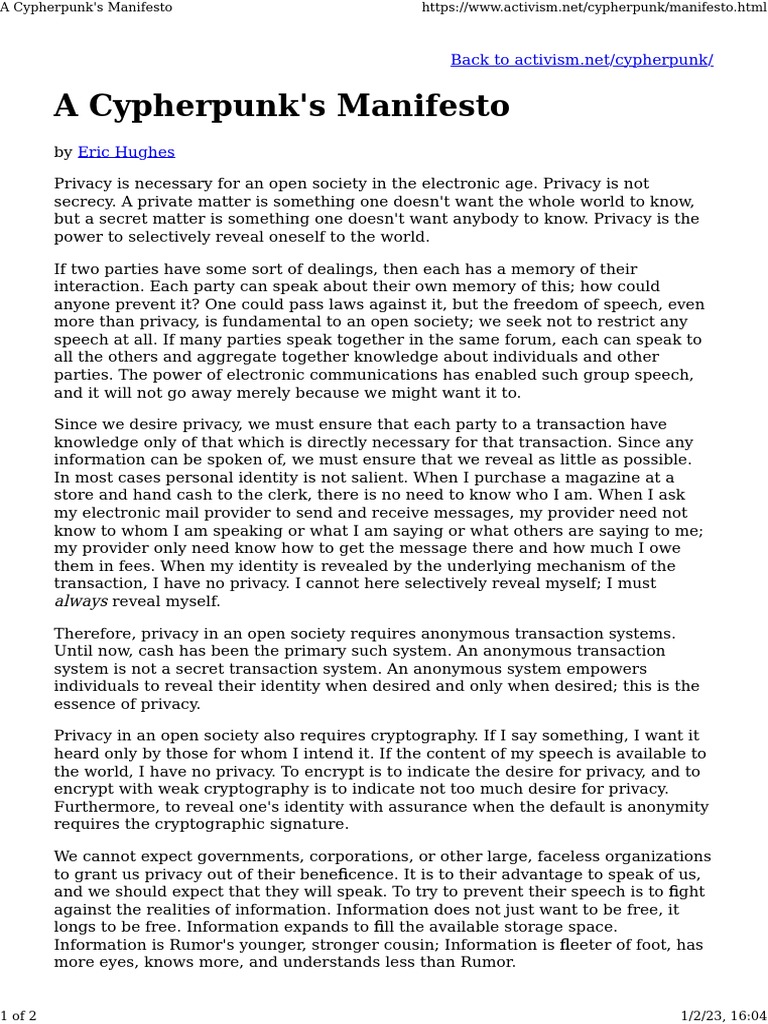 A Cypherpunk's Manifesto | PDF | Privacy | Cryptography