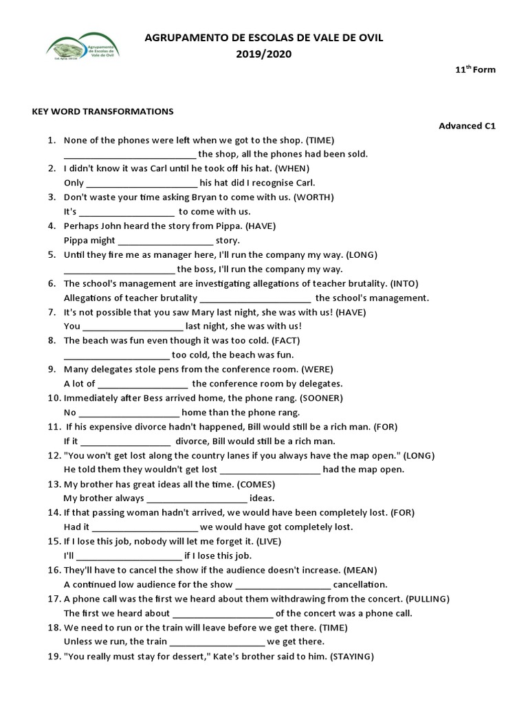 Key Word Transformations: An Advanced Exercise in Participle Phrases ...