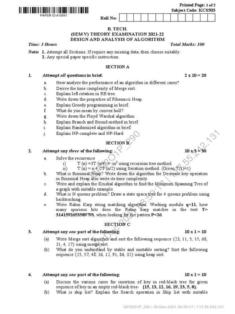 QP22O1P - 290: Time: 3 Hours Total Marks: 100 | PDF | Computational ...