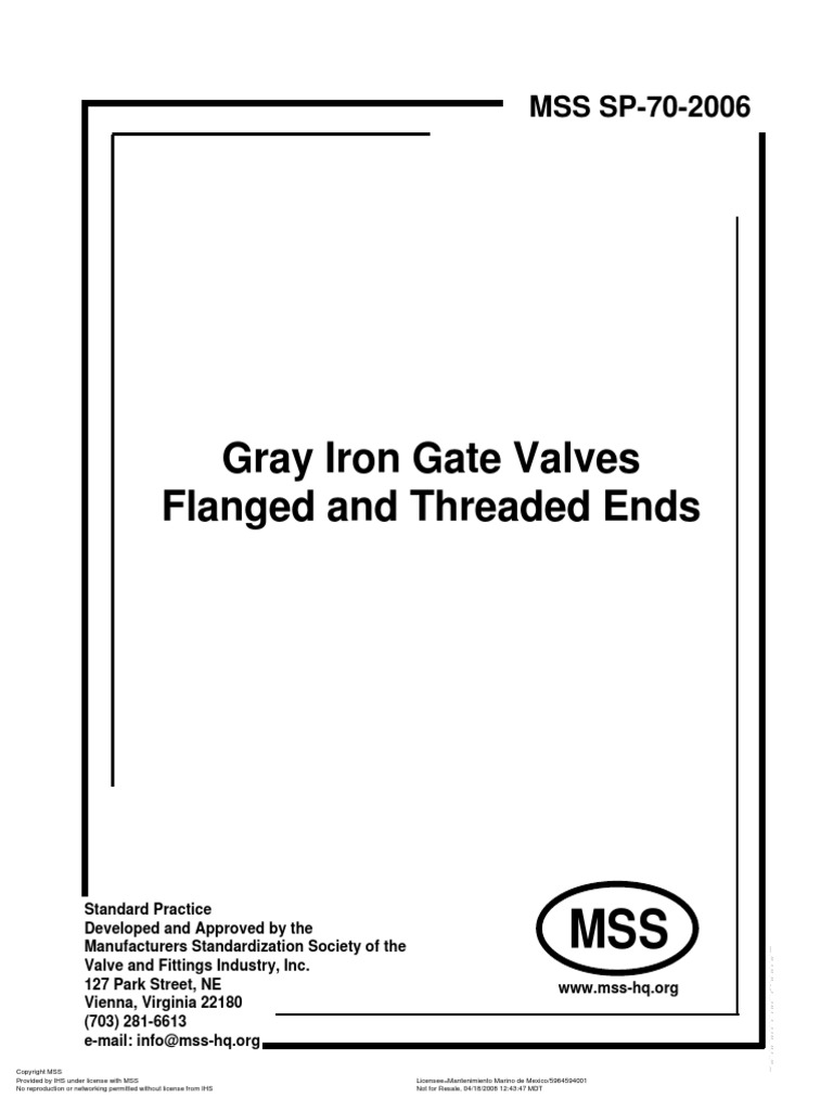MSS SP-70 Gray Iron Gate Valves Flanged and Threaded Ends | PDF | Screw ...