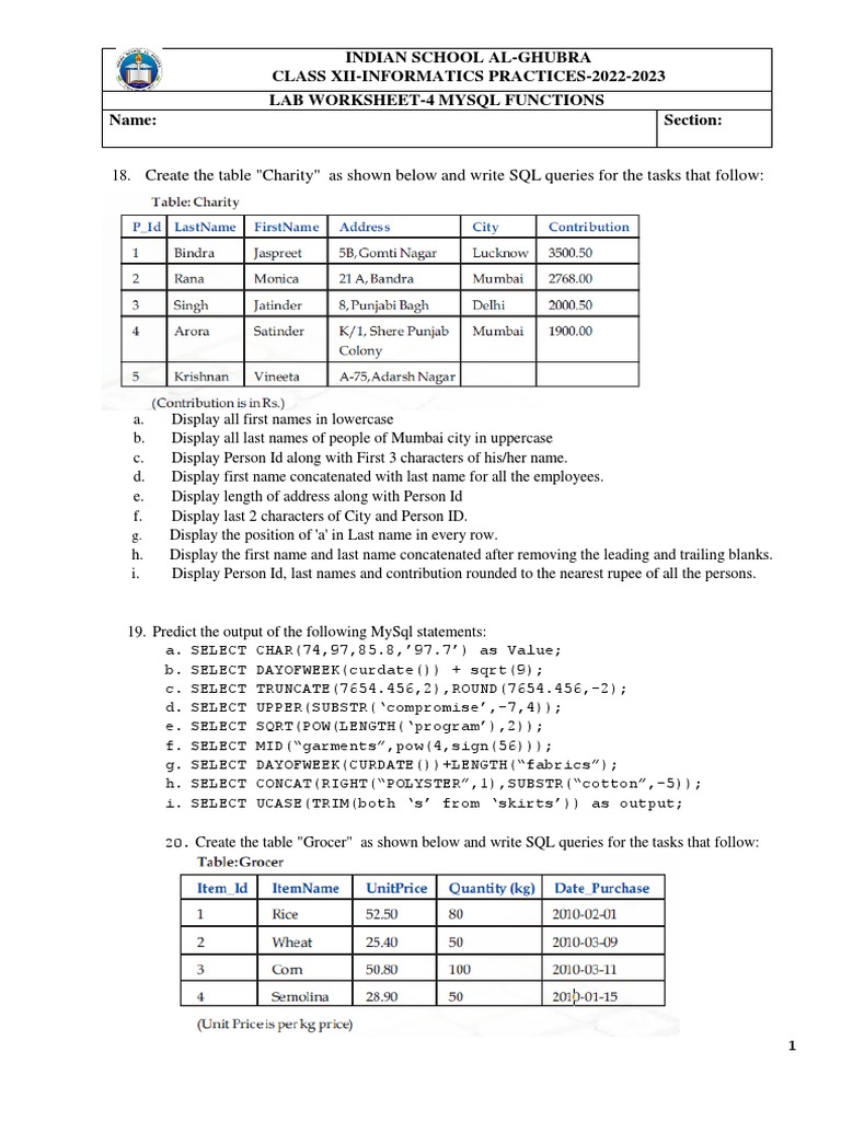 Xii Ip Labworksheet-4 | Download Free PDF | Sql | Computer Science