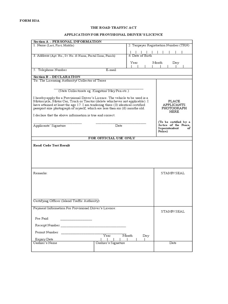 Form H3A Application For Provisional Drivers Licence | PDF | Driver's ...