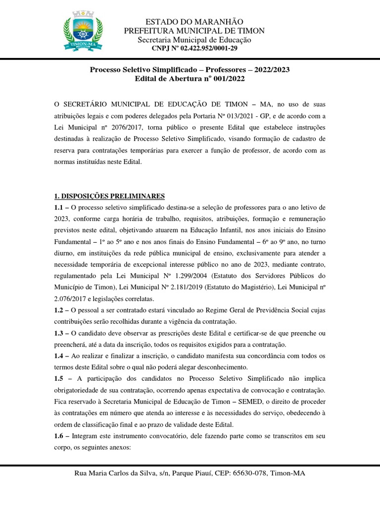 Edital Semed No 01 2022 Processo Seletivo 2023 Professor Timon 1 3 | PDF