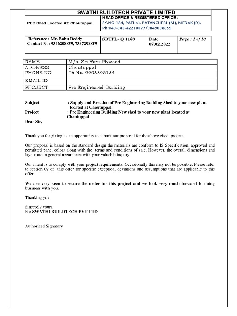 Swathi Buildtech PEB Proposal for Choutuppal | PDF | Technology ...