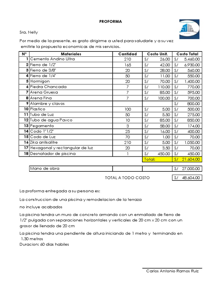 Proforma. Sra. Nelly | PDF | Ingeniería estructural | Ingeniero civil