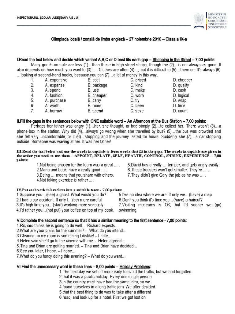 2010 - 2011 - Cls 9 - Etapa Locala Vaslui - Subiecte | PDF