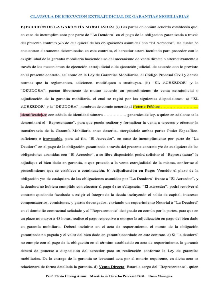 Ejecucion Extrajudicial De La Garantía Mobiliaria Flavio Chiong Arauz