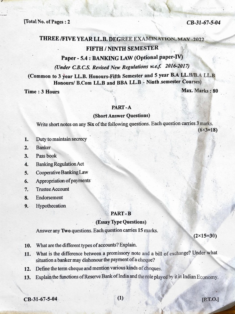 Banking Law Exam Paper - May 2022 | PDF | Banks | Cheque