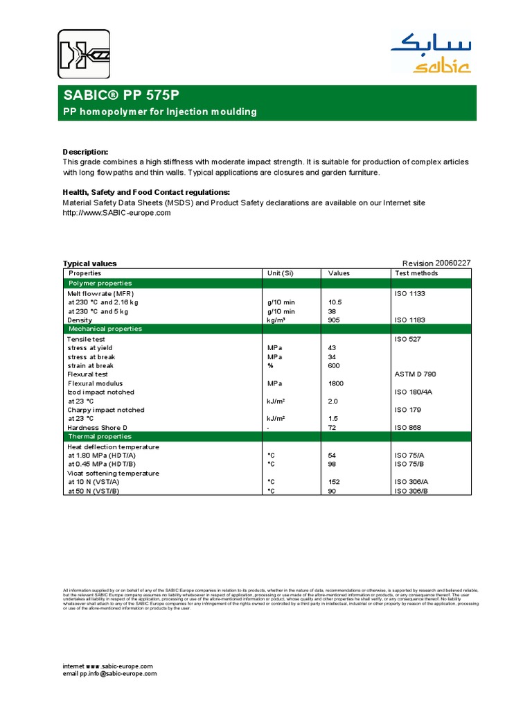 Sabic® PP 575P: PP Homopolymer For Injection Moulding | PDF | Pascal (Unit) | Strength Of Materials