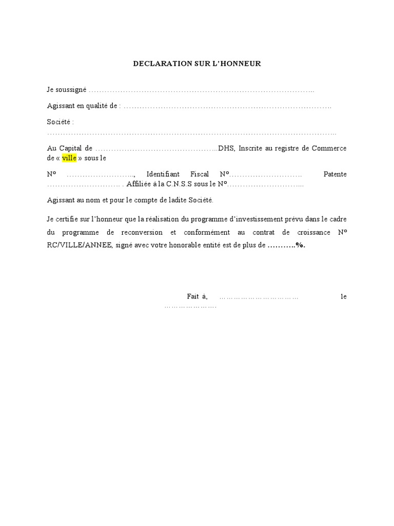 Declaration Sur L'honneur | PDF