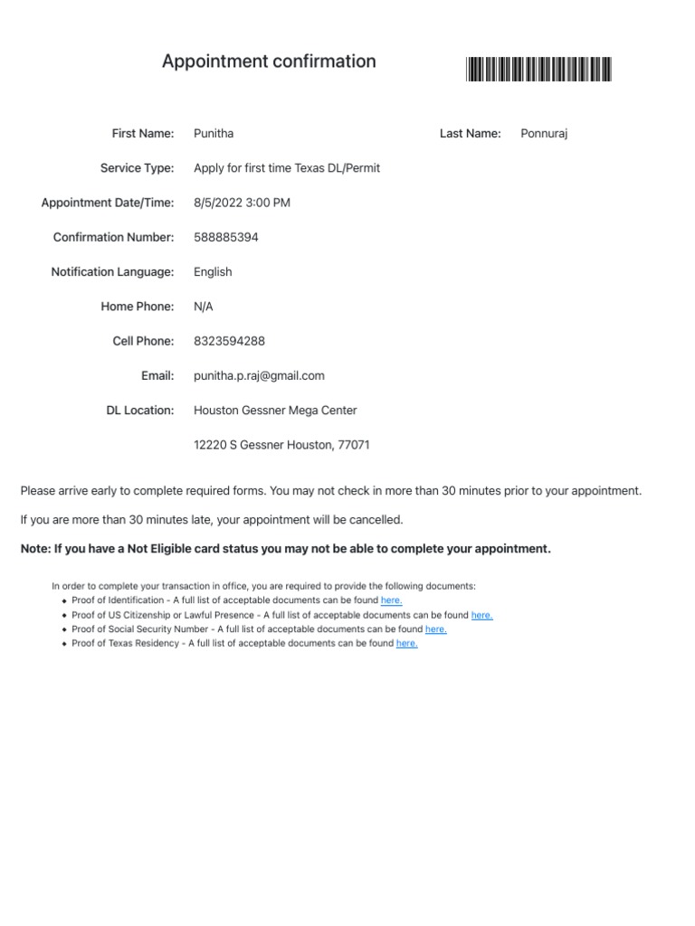 Texas DL Appointment Confirmation | PDF