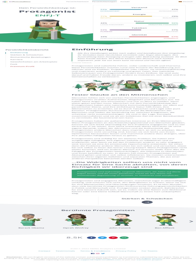 Einführung Protagonist (ENFJ) Persönlichkeit 16personalities | PDF