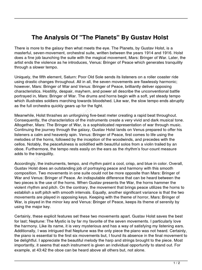The Analysis of The Planets by Gustav Holst | Download Free PDF | The ...