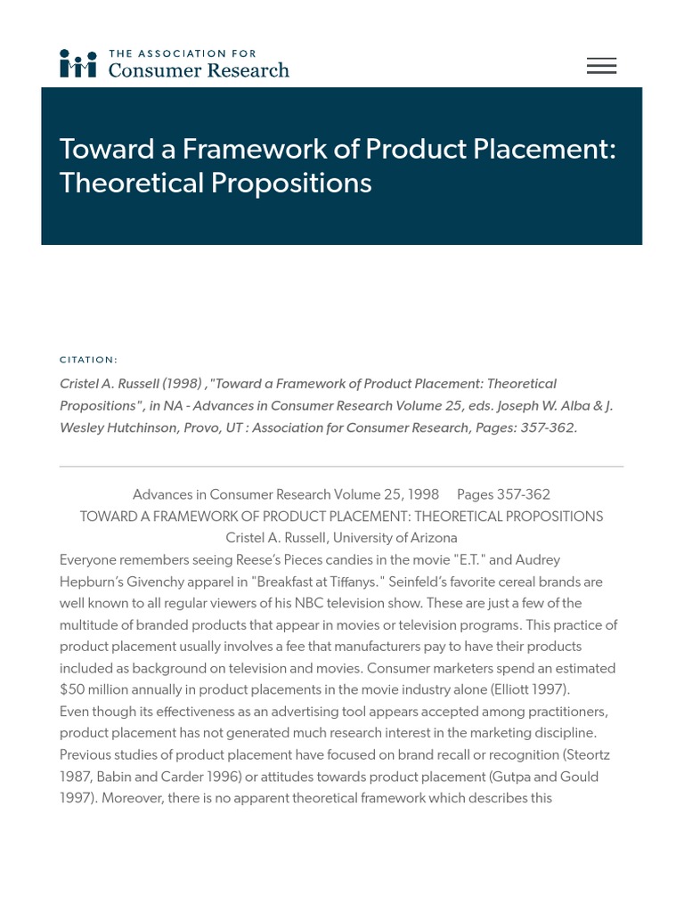 Toward A Framework of Product Placement - Theoretical Propositions ACR | Download Free PDF ...