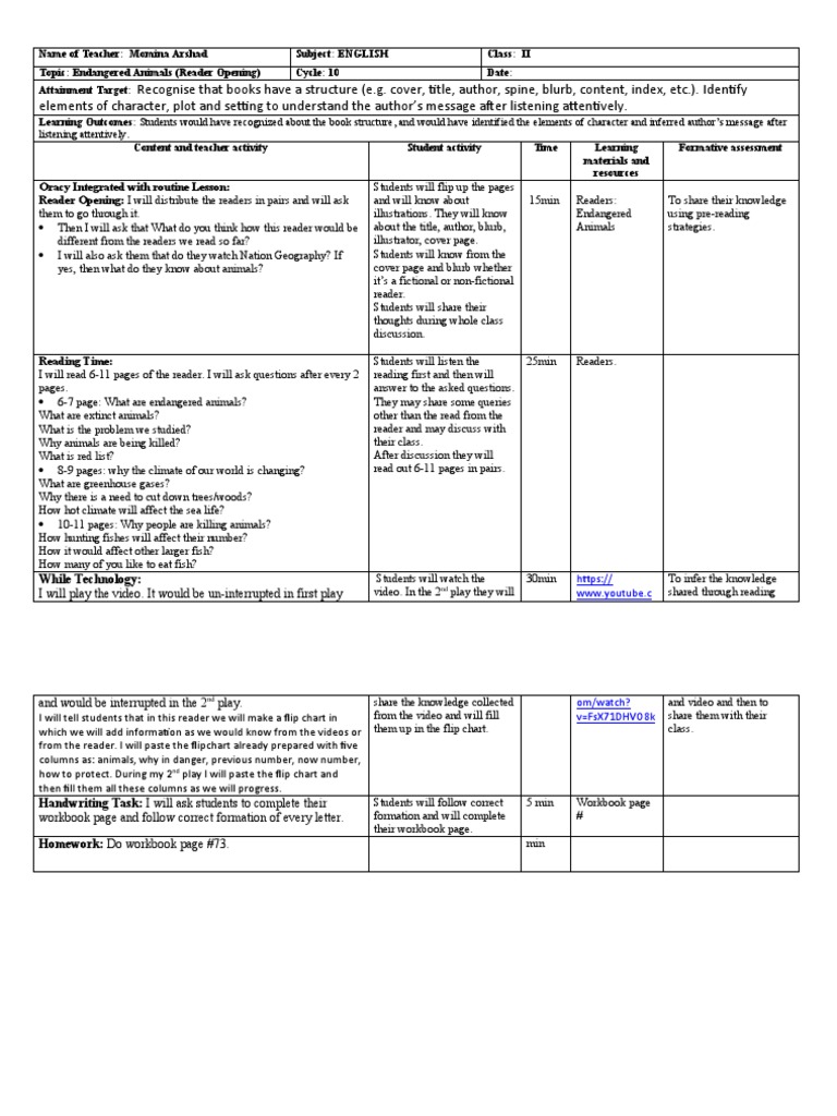 Endangered Animals Lesson Plan | PDF | Reading Comprehension | Learning