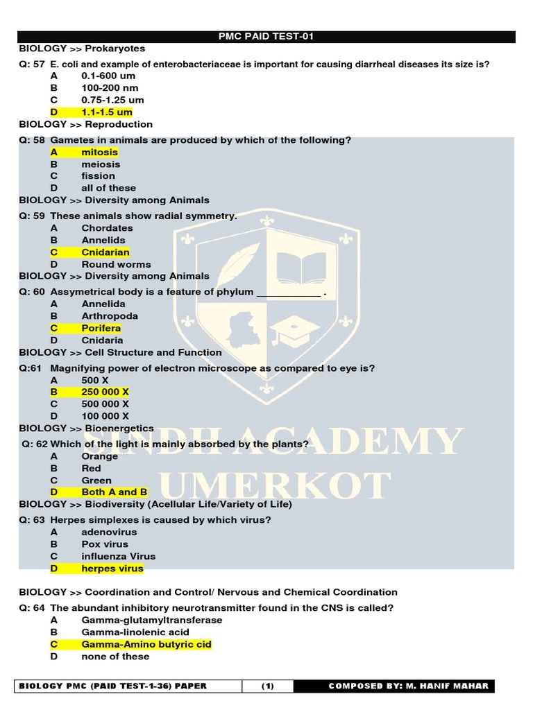 Biology PMC (Paid Test-01-36) Paper | PDF | Biology | Cell (Biology)