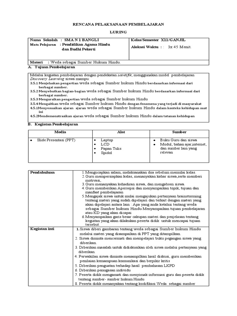 RPP - Kelas XII - SMA - WEDA HUKUM HINDU - 1.LBR | PDF