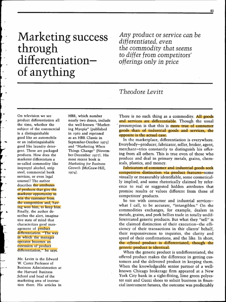 Levitt (1980) Marketing Success Through Differentiation Â of Anything ...