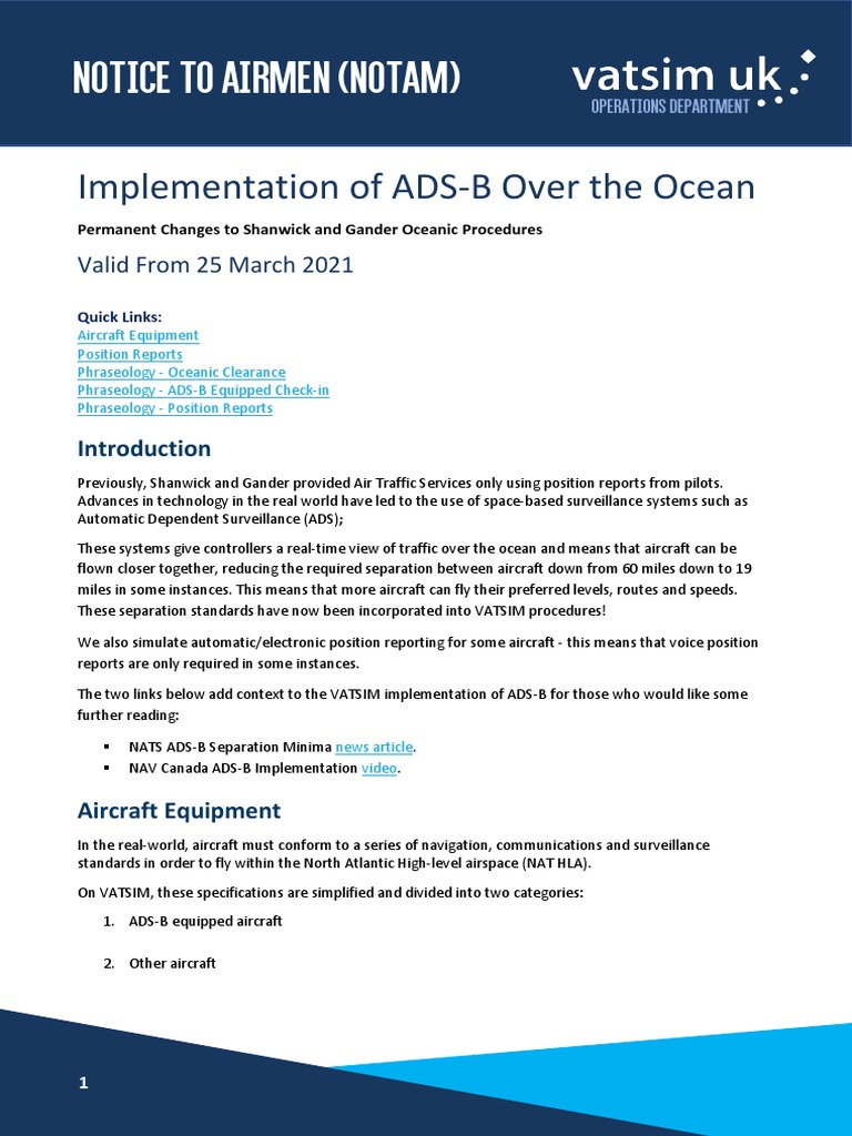 NOTAM - Implementation of ADS-B Over The Ocean | Download Free PDF | Transport Safety | Aviation