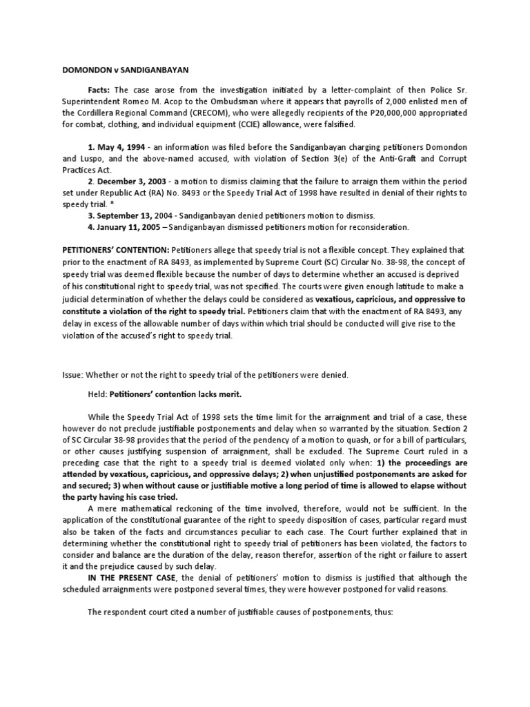 DOMONDON V SANDIGANBAYAN | PDF | Speedy Trial Act | Courts