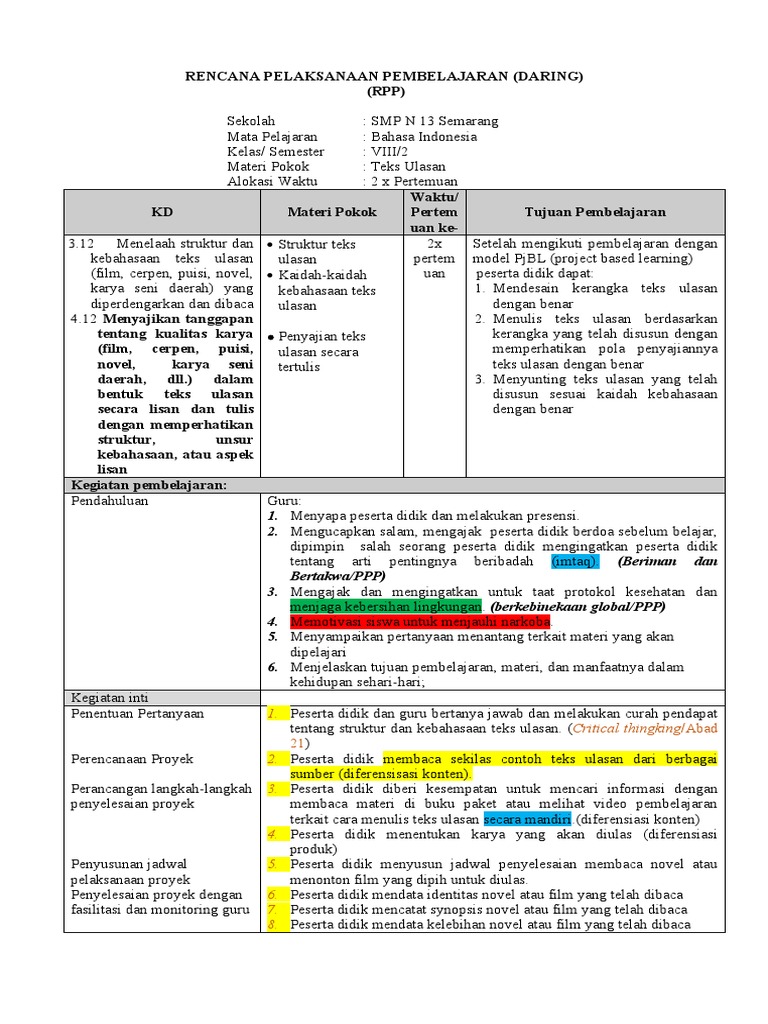 RPP KD 4.12 Teks Ulasan | PDF