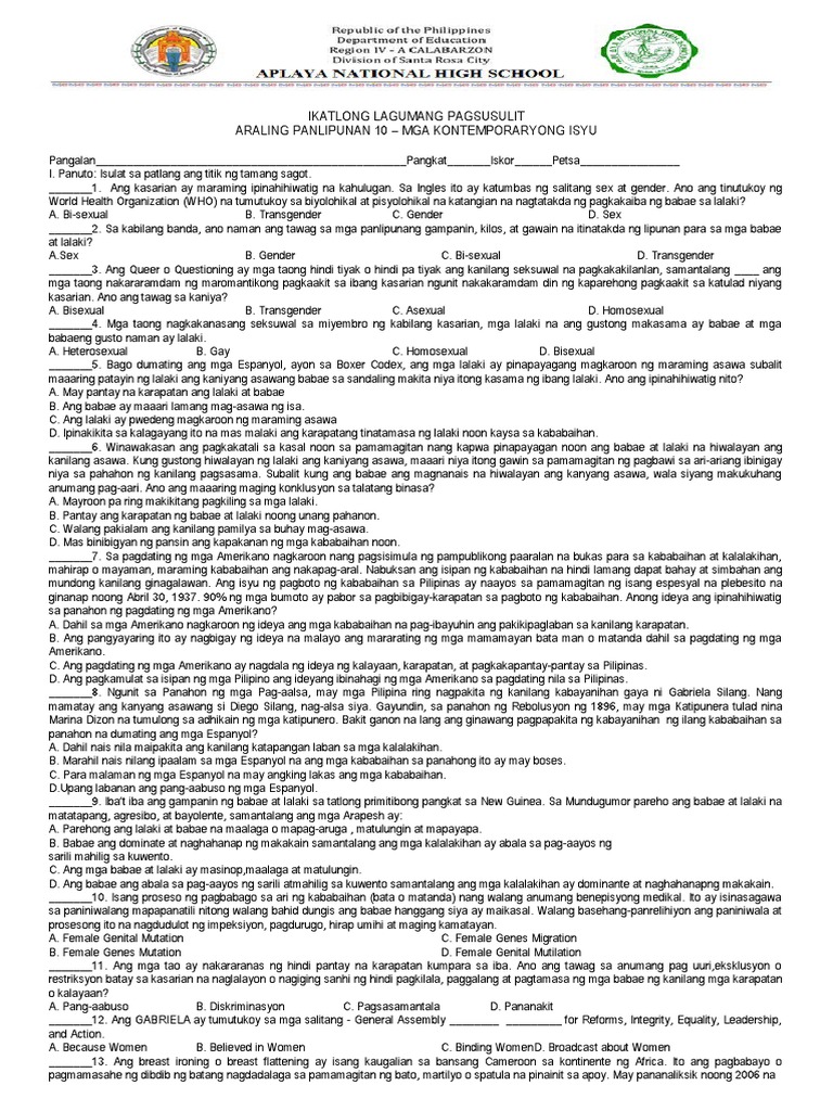 Grade 10 Third Quarter Test Contemporary | PDF