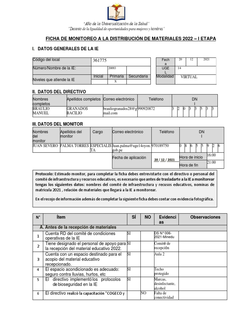 01 Ficha - Monitoreo Materiales IE 20093 Aguar | PDF
