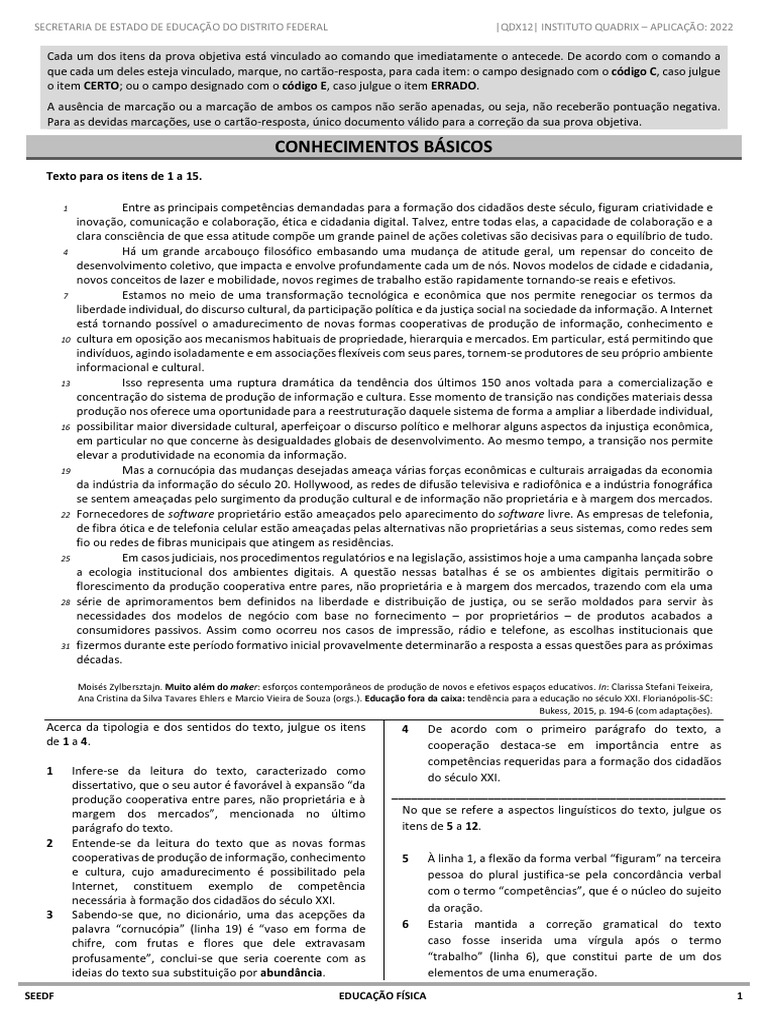 Quadrix 2022 Sedf Professor de Educacao Basica Educacao Fisica Edital N ...