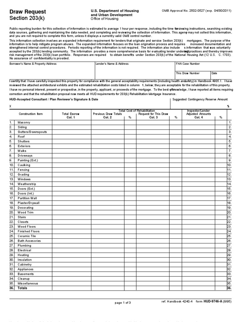 HUD 203(k) Draw Request Form | PDF | Loans | Mortgage Loan
