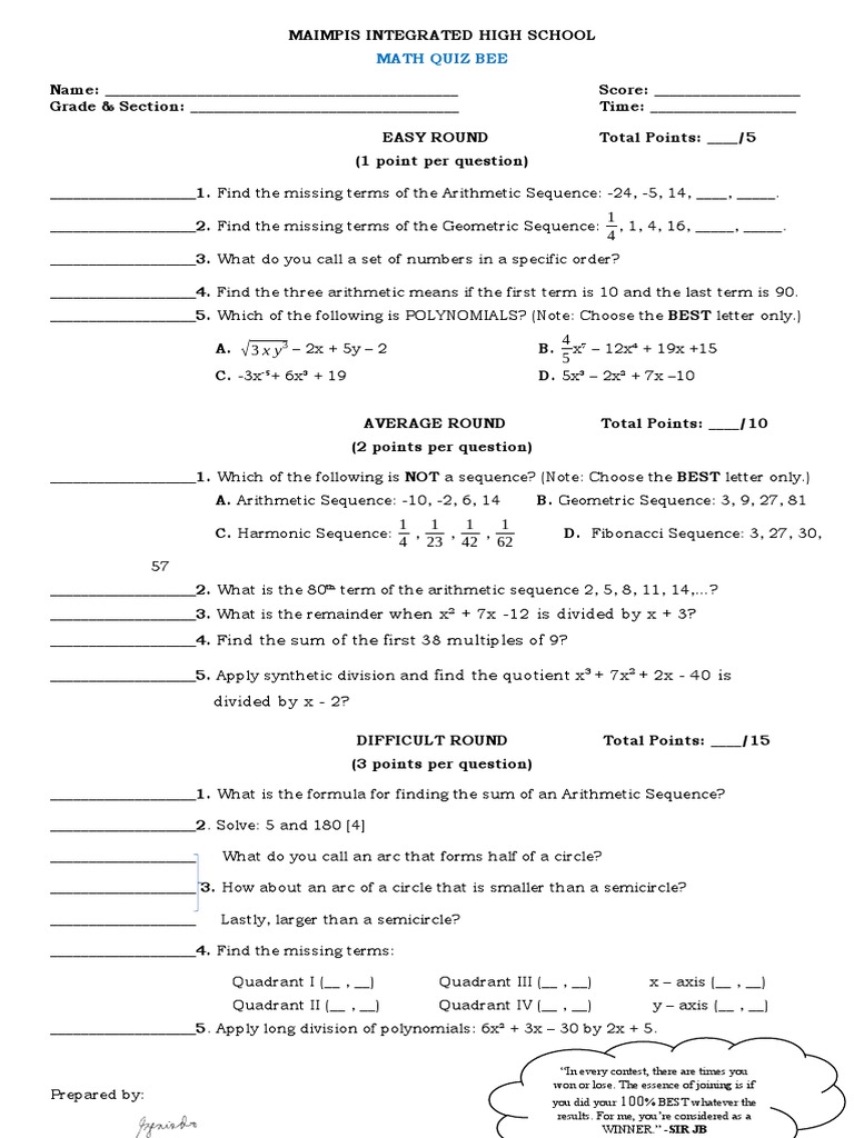Math Quiz Bee | PDF | Quadratic Equation | Mathematical Objects
