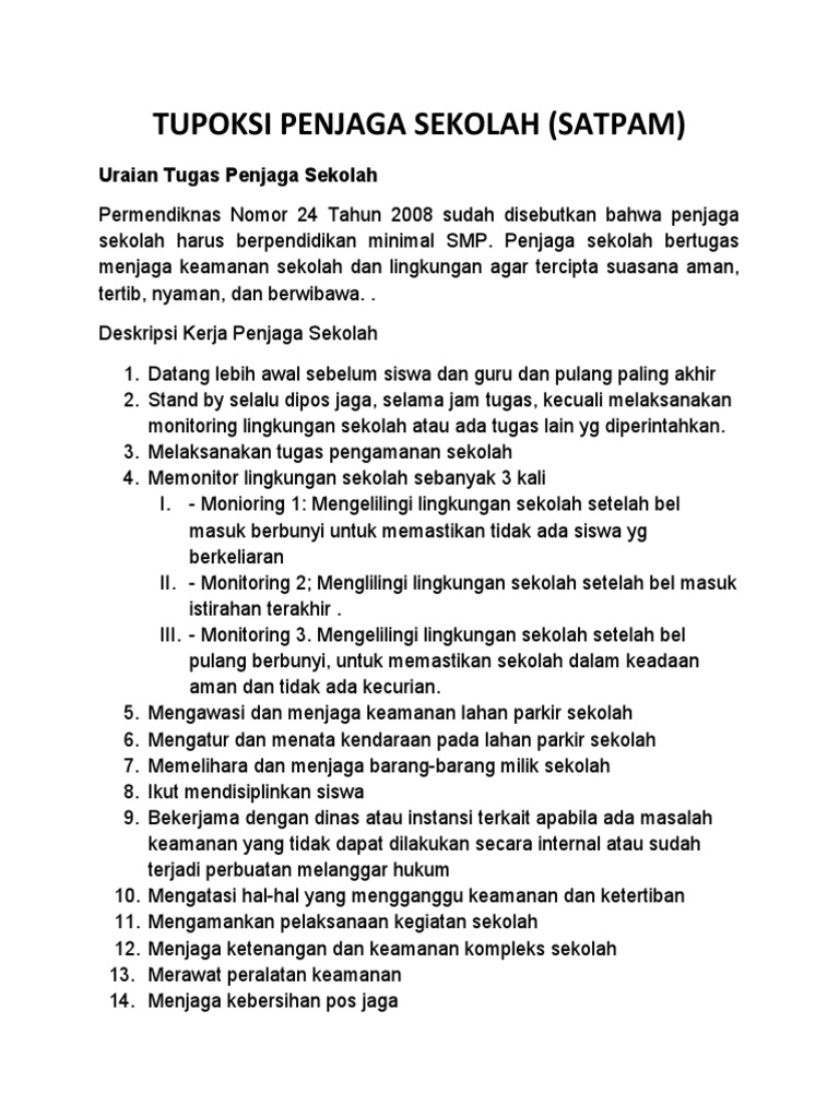 Tugas dan Tupoksi Penjaga Sekolah | PDF