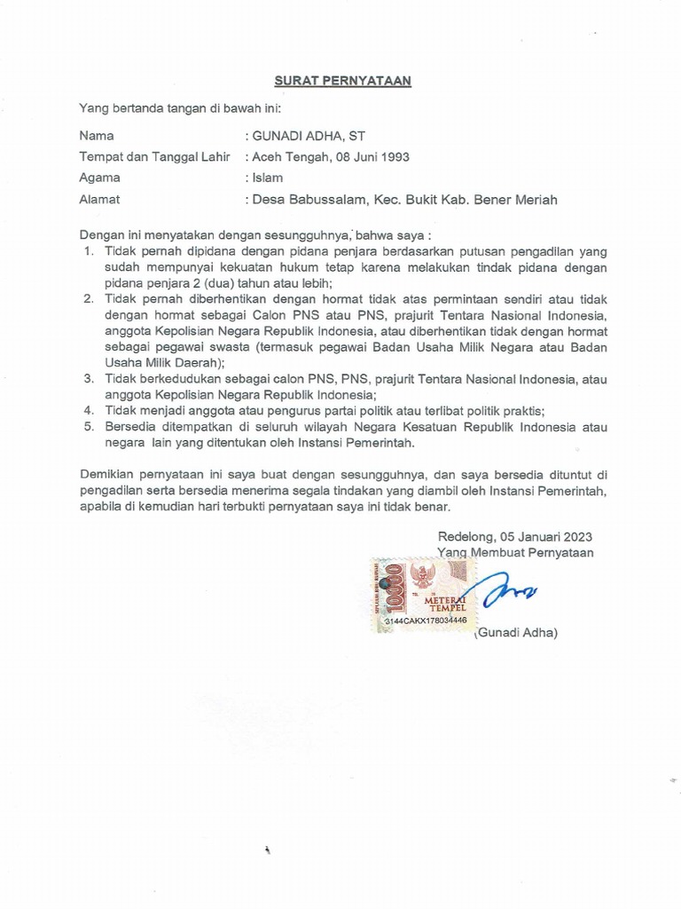Surat Pernyataan 5 Poin - 000035 | PDF