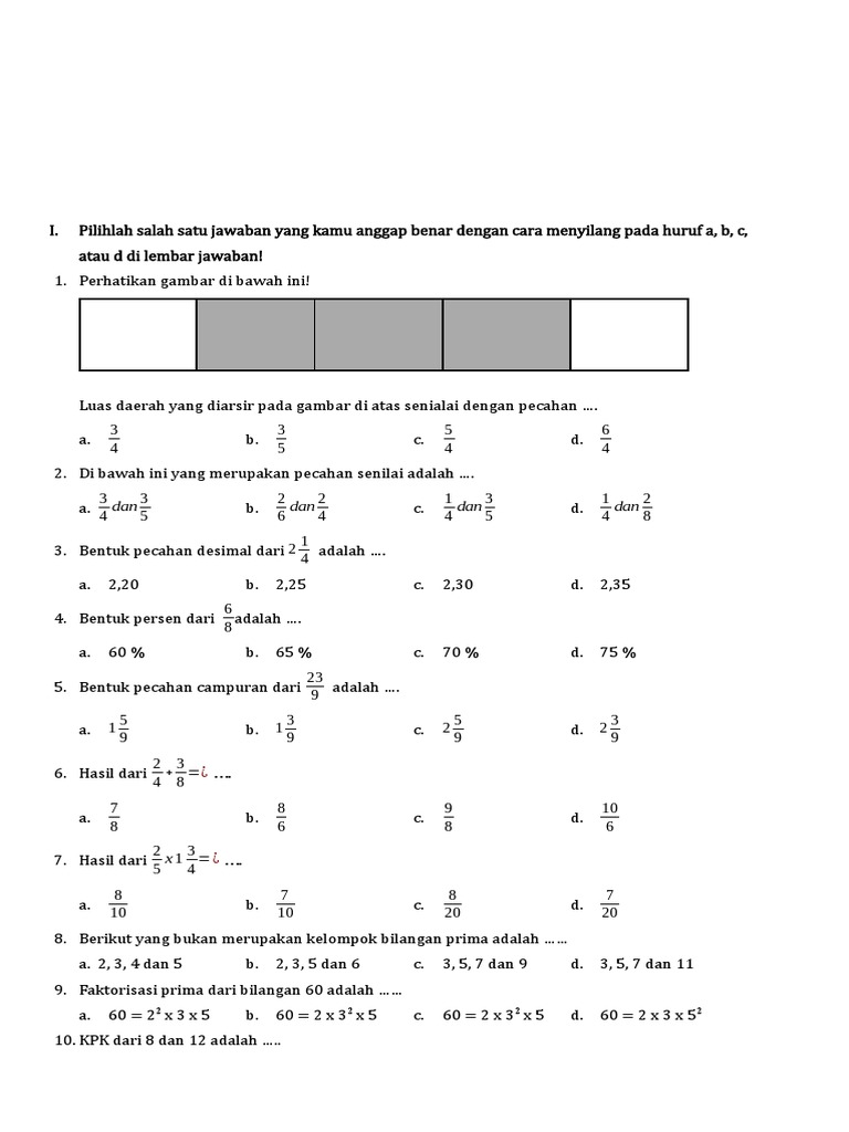 SOAL PAS MATEMATIKA KELAS 4 Semester 1 | PDF