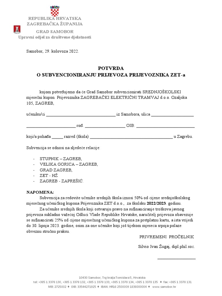 Obrazac - Potvrda o Subvenciji Zeta - Za SK God 2022-2023 9337 2 | PDF