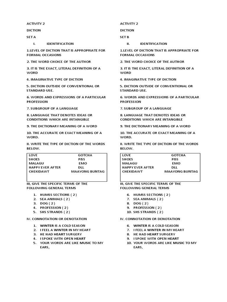 Diction Quiz | PDF | Semantics | Grammar