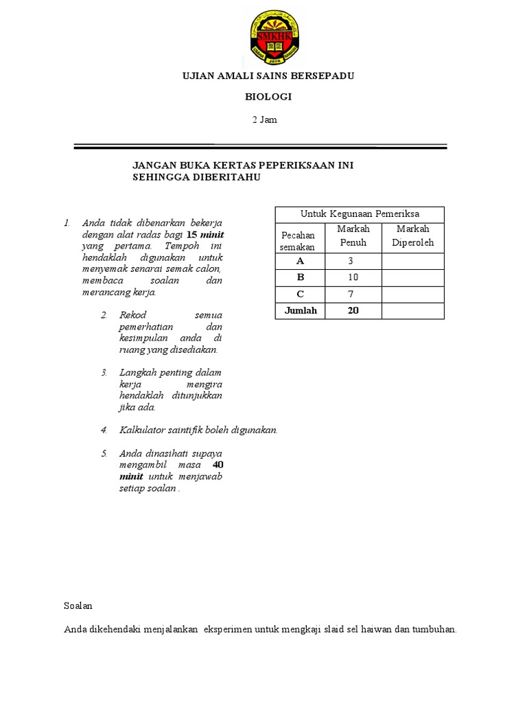 Ujian Amali Sains Bersepadu Bio Pat F4 | PDF