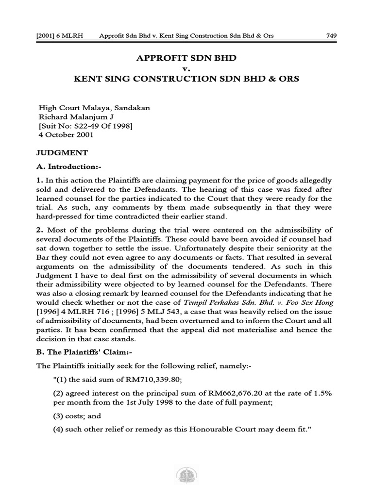 Approfit V Kent Sing Construction | PDF | Burden Of Proof (Law ...