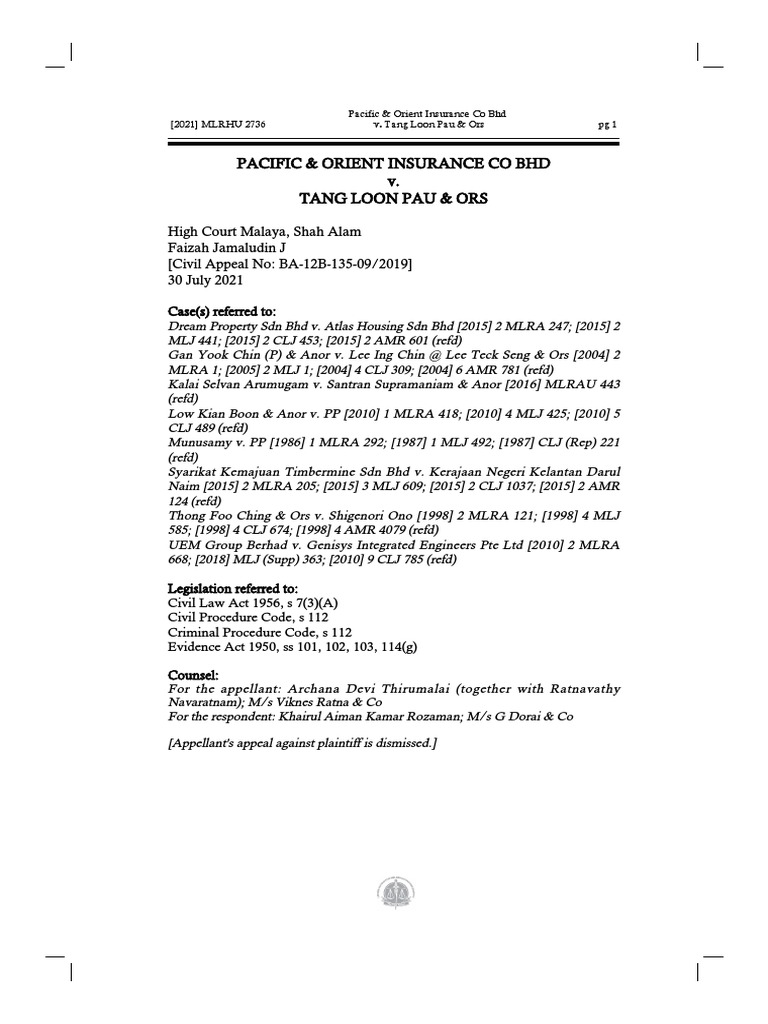 P&O V Tang Loon Pau & Ors - Fraud Viknes Ratna | PDF | Burden Of Proof ...