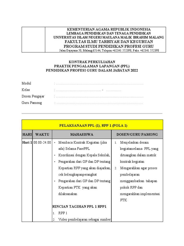 Kontrak Kuliah PPL 1 - RPP 1 | PDF