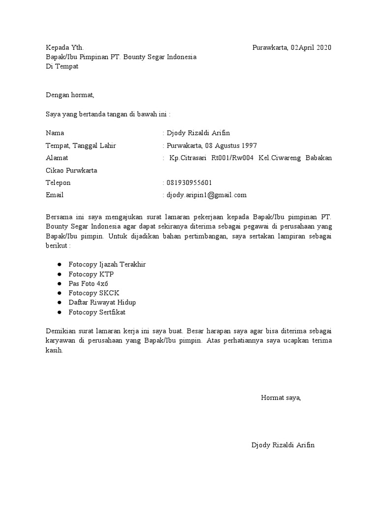 Surat Lamaran Kerja Djody Arifin | PDF