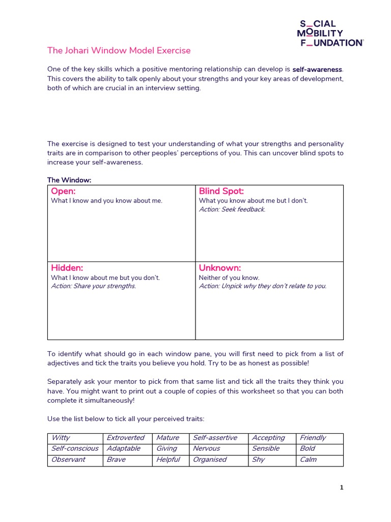 Lesson 1 The Johari Window Model Exercise | PDF | Self Awareness ...